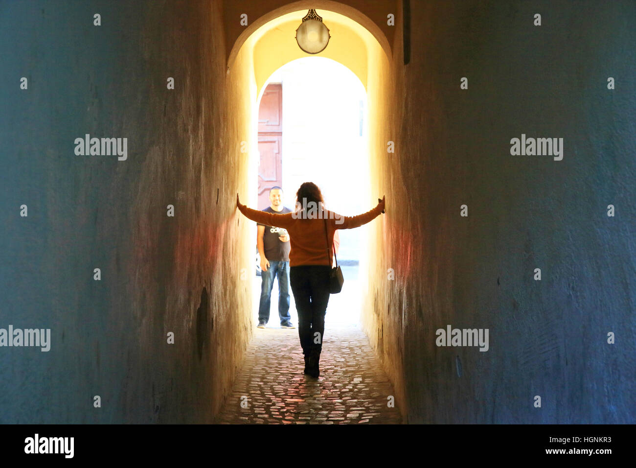 One of the narrowest streets in Europe, Rope Street, in Brasov ...