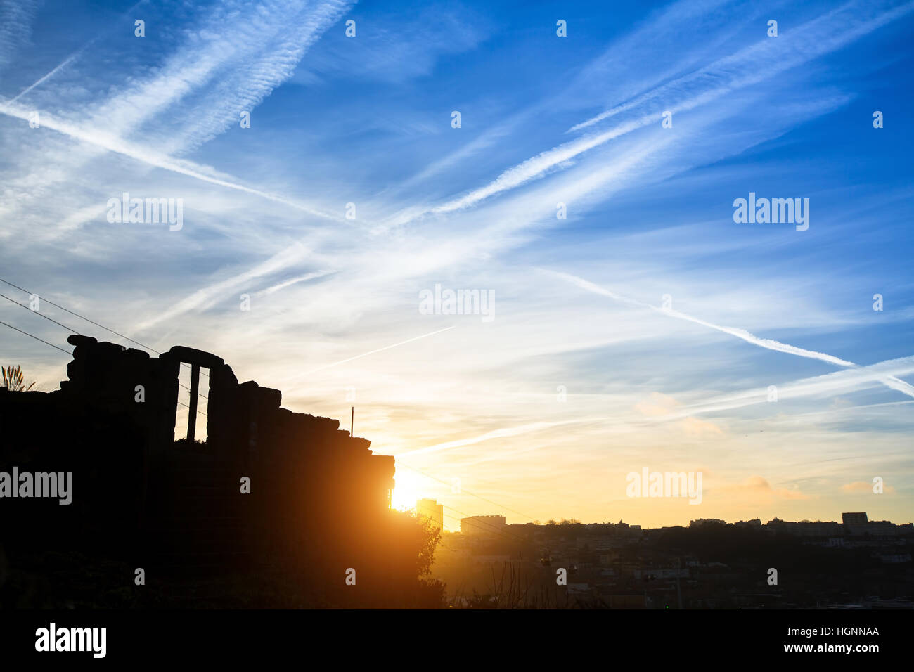 Destroyed an abandoned building on the blue sky background during ...