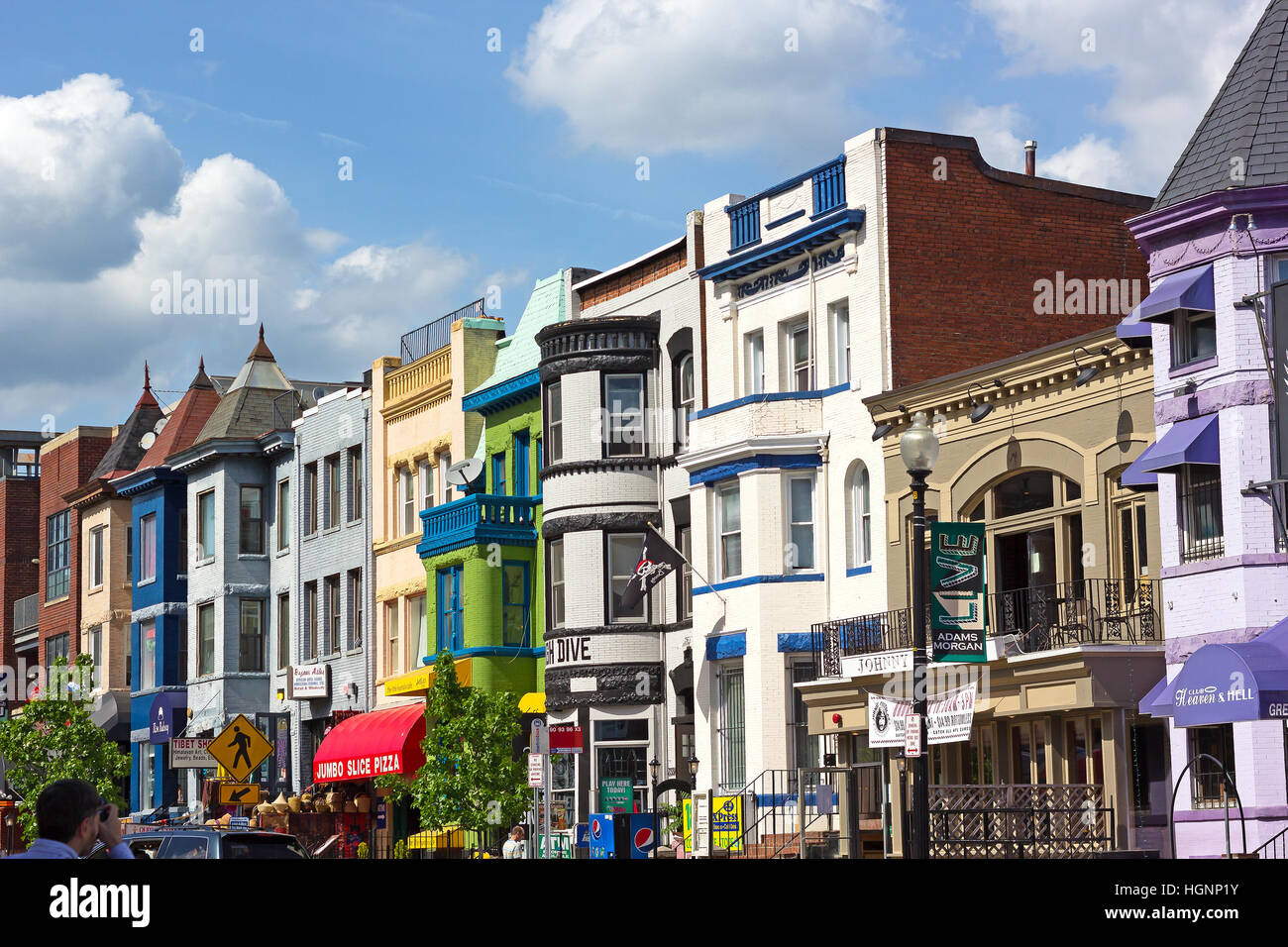 Colorful historic buildings in Adams Morgan neighborhood in Washington ...