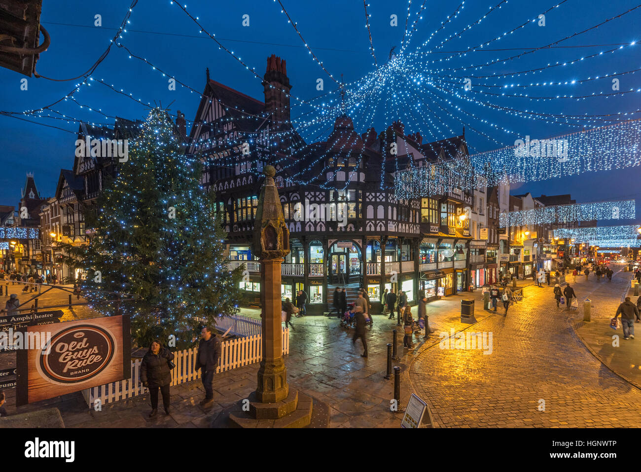 Chester christmas lights at the Cross in the centre of the city by the ...