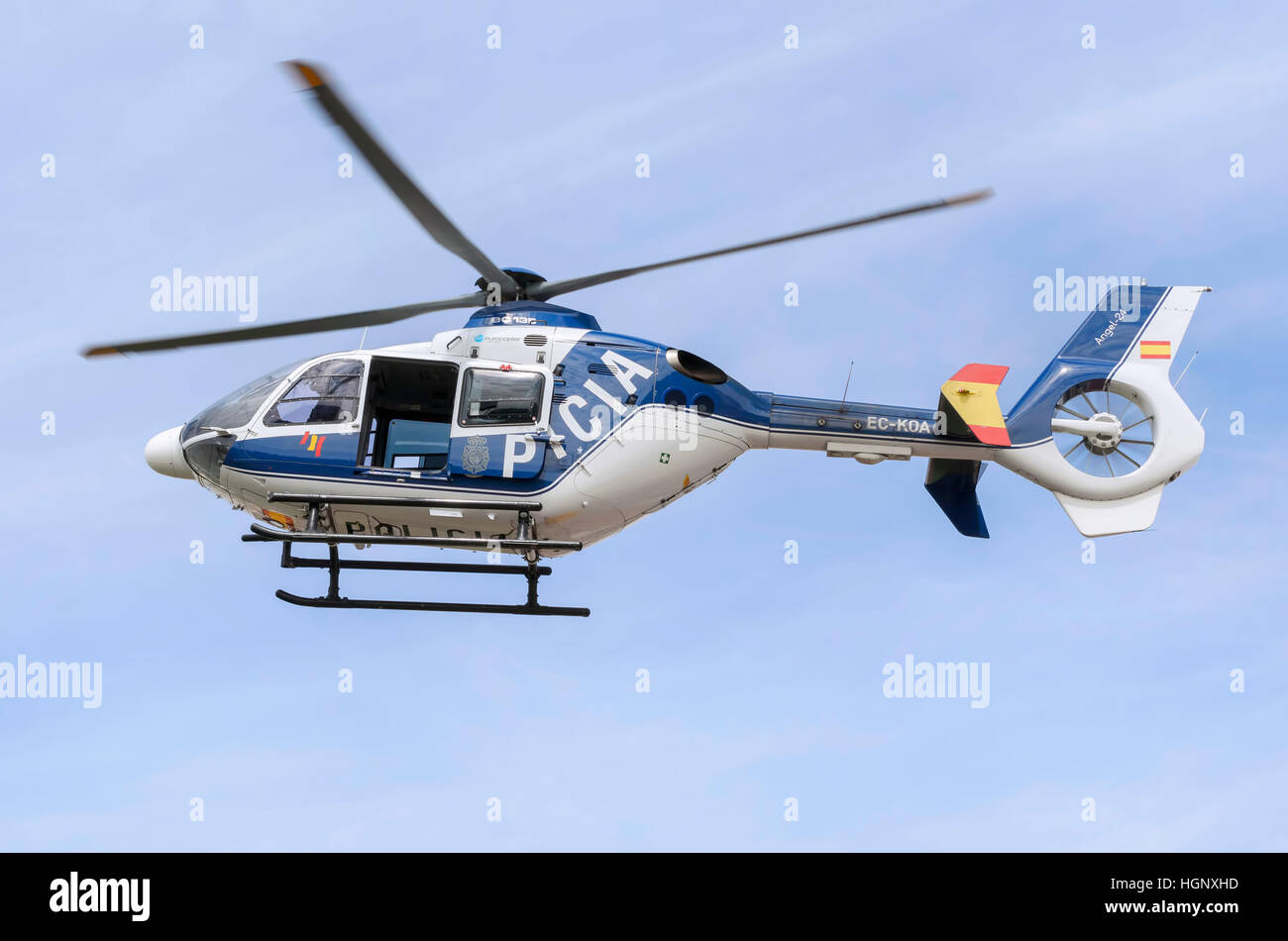 Spanish police helicopter is landing, during an airshow of spanish ...