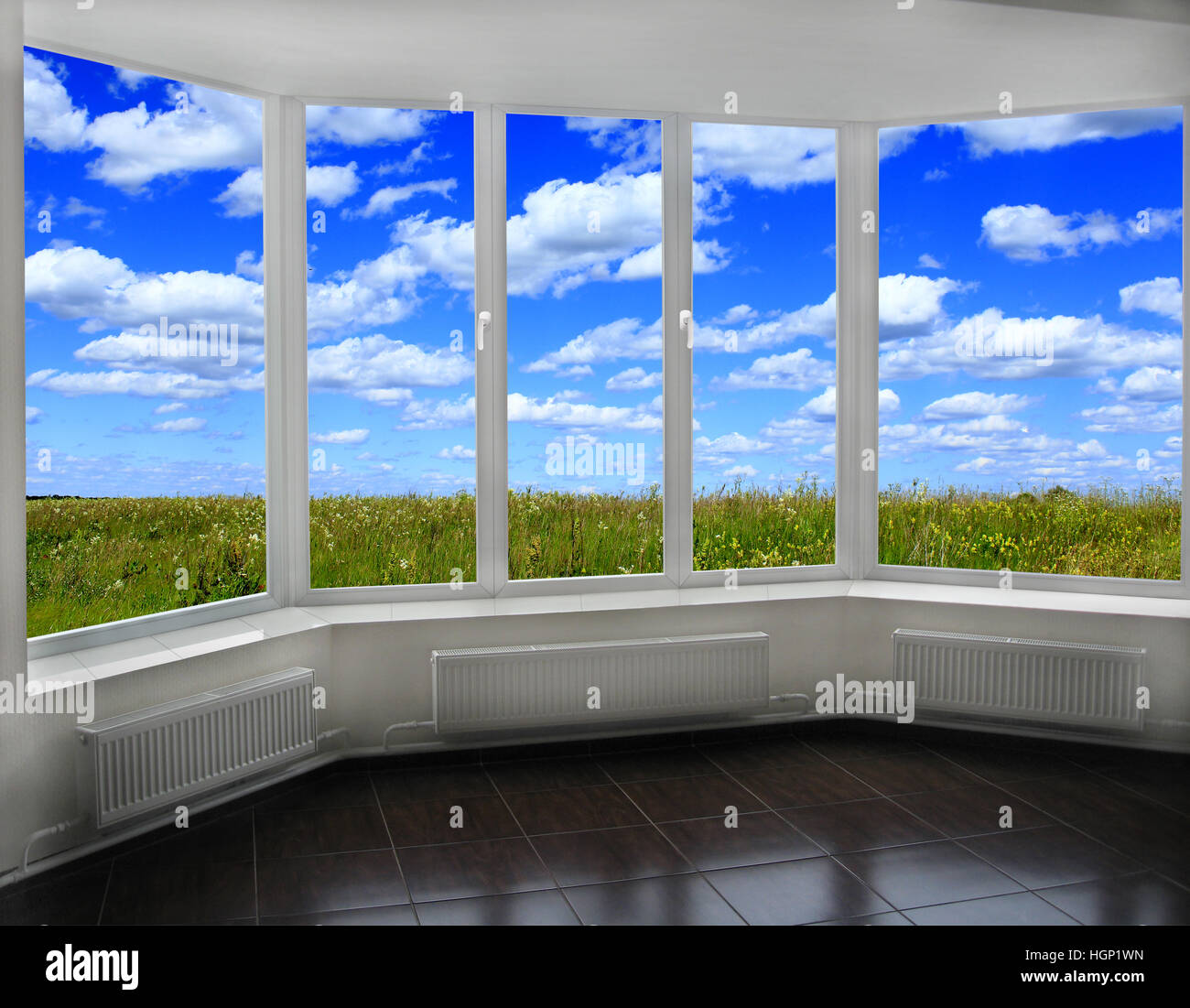 opened window to the summer field with flowers Stock Photo - Alamy