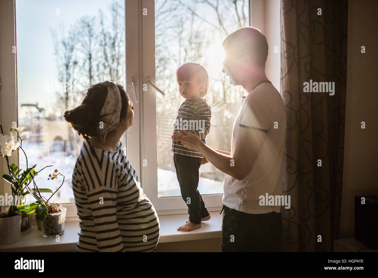 happy family with son kid toddler playing around window, home real ...
