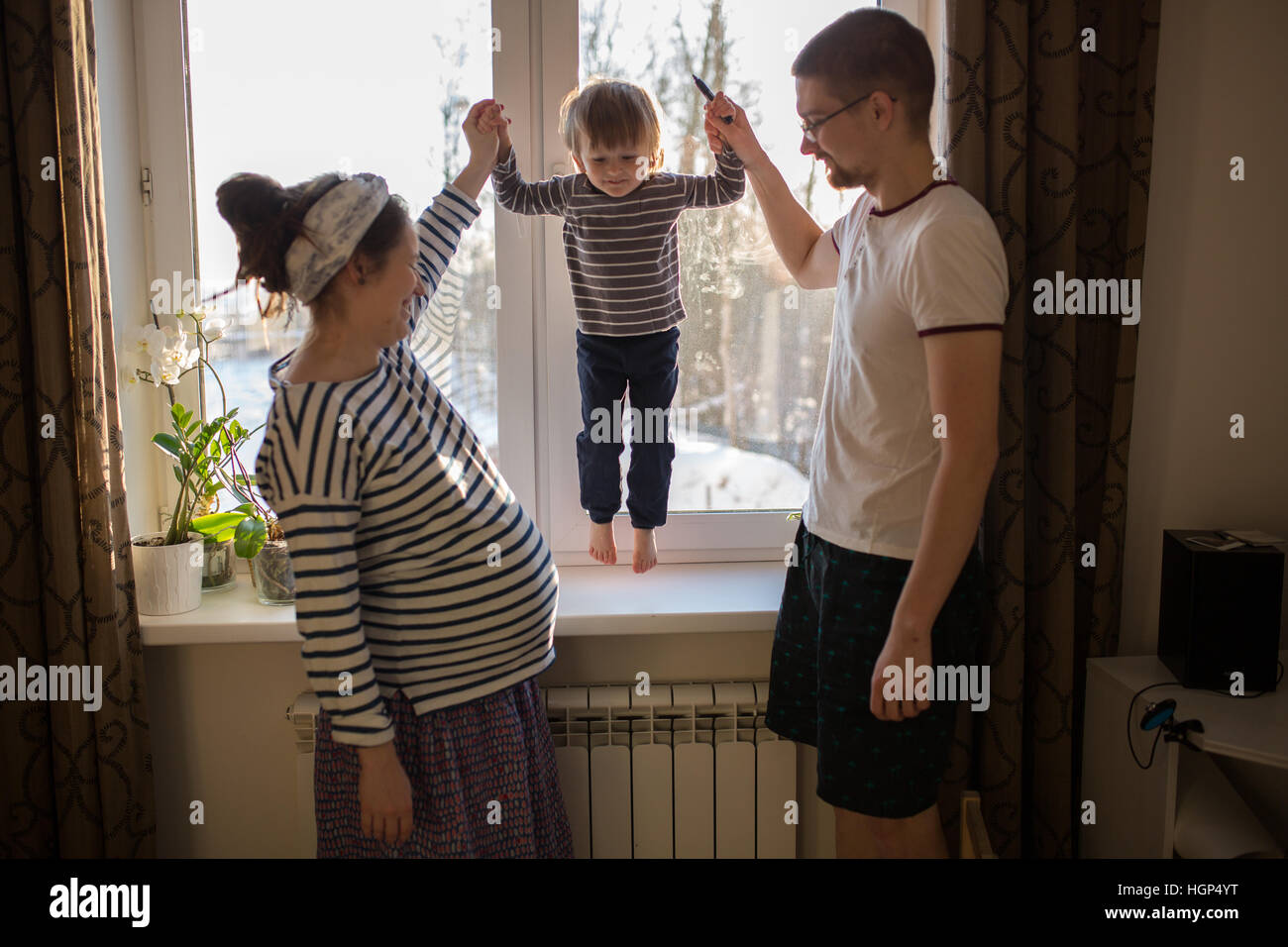 happy family with son kid toddler playing around window, home real ...