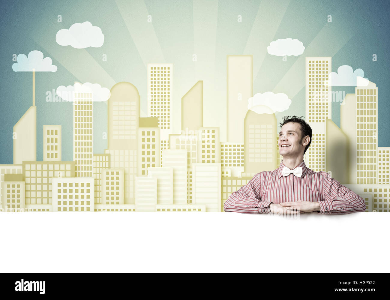 Cheerful man with banner Stock Photo - Alamy