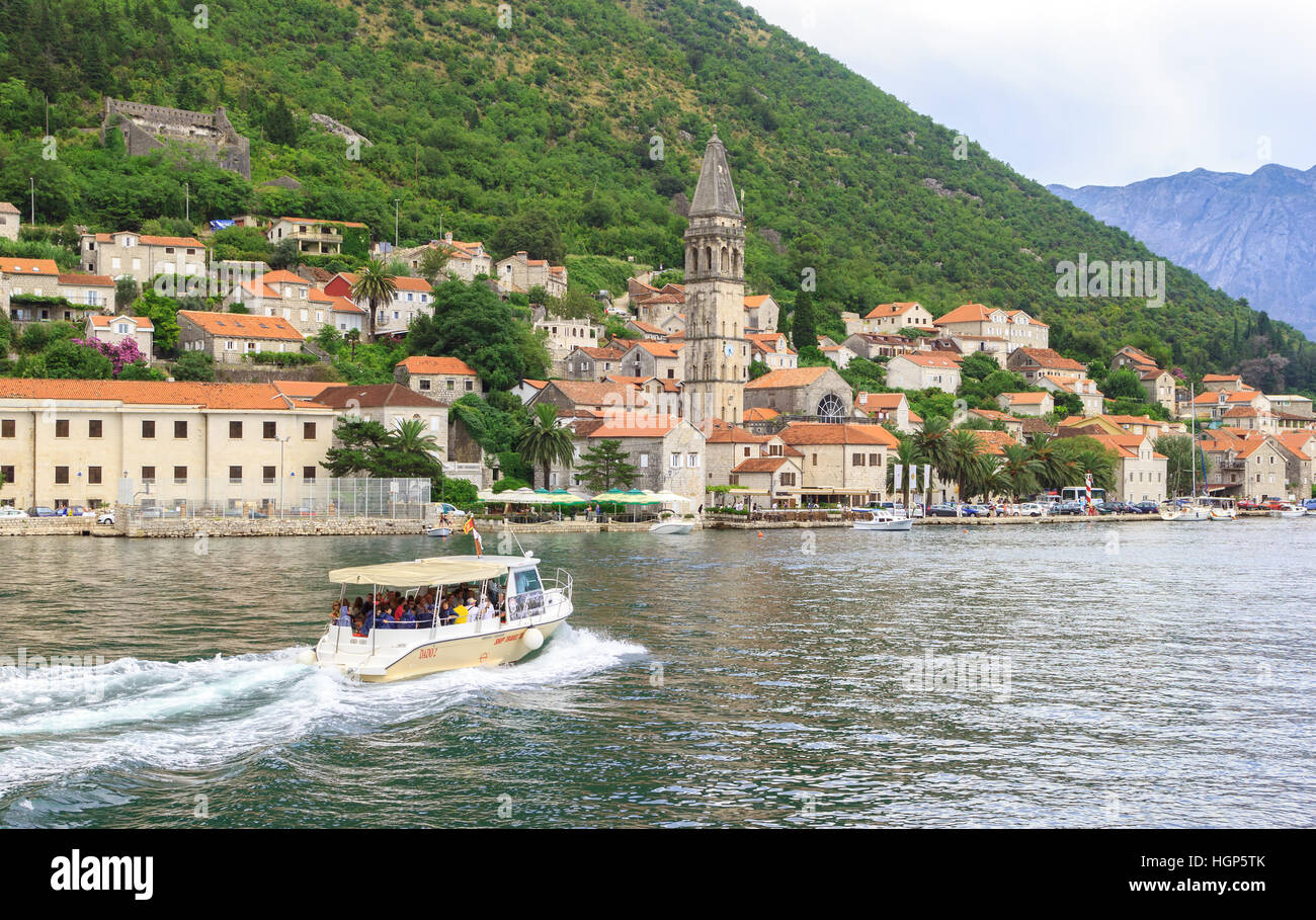 PERAST, MONTENEGRO - AUGUST 6, 2014: View of Perast city from sea side ...