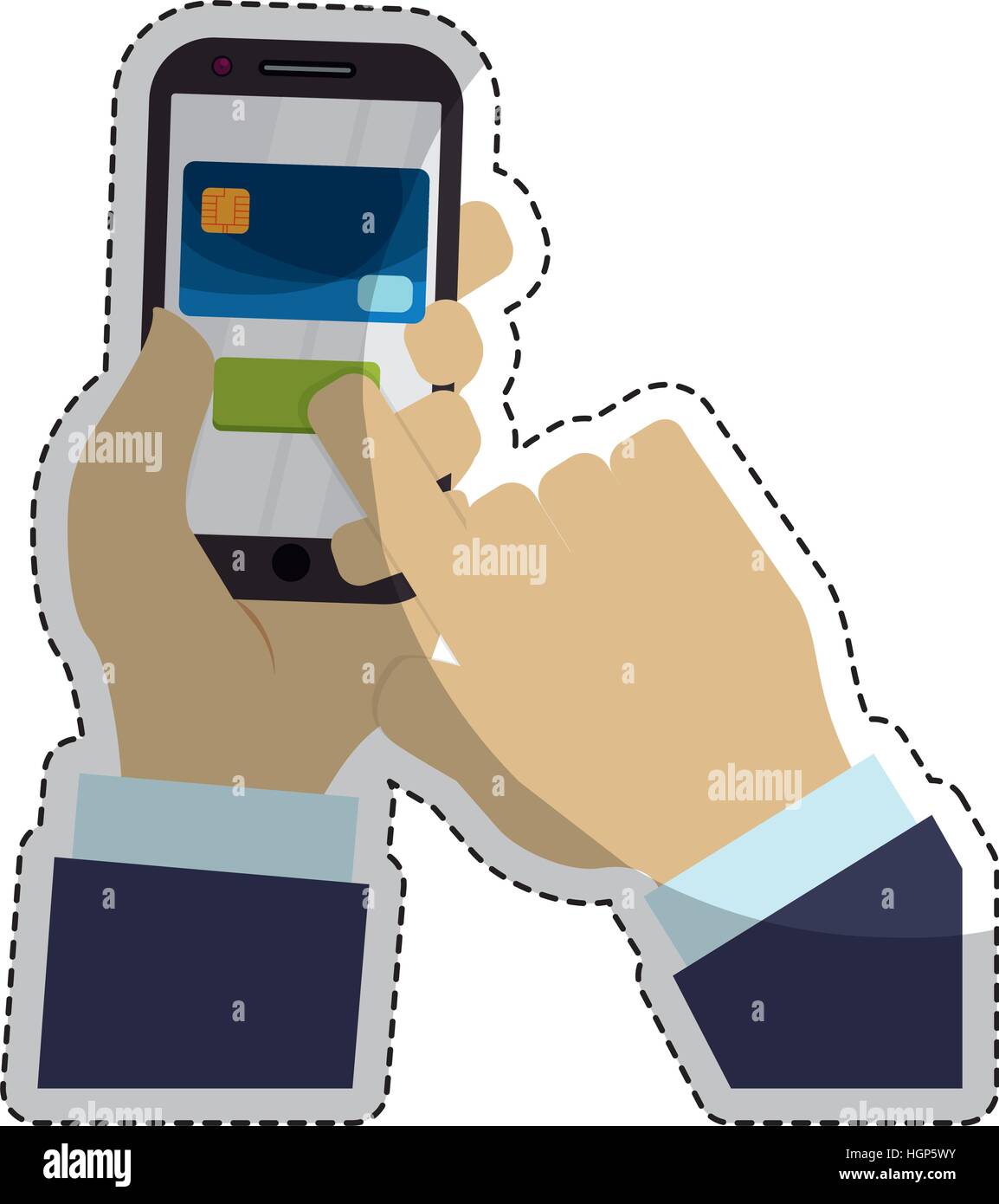hand with credit card and smartphone icon over white background. mobile payments concept. vector ...