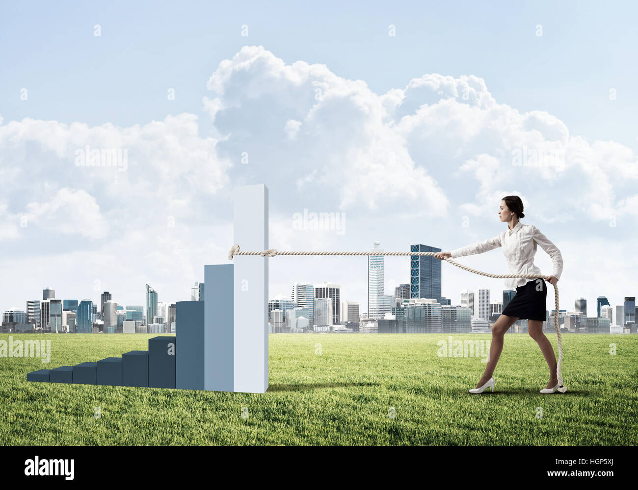 Businesswoman pulling arrow with rope and making it raise up Stock ...