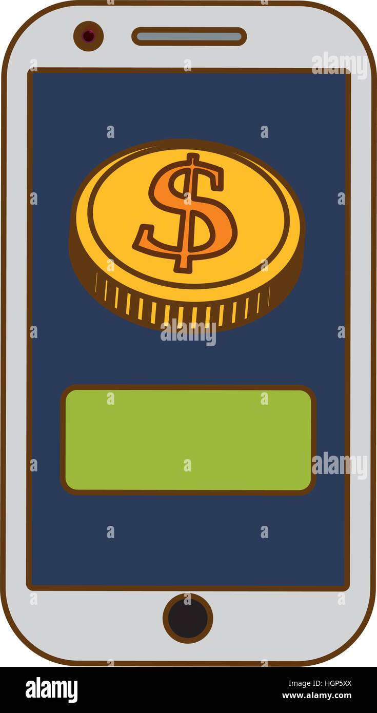 hand holding a smartphone with money coins over white background ...