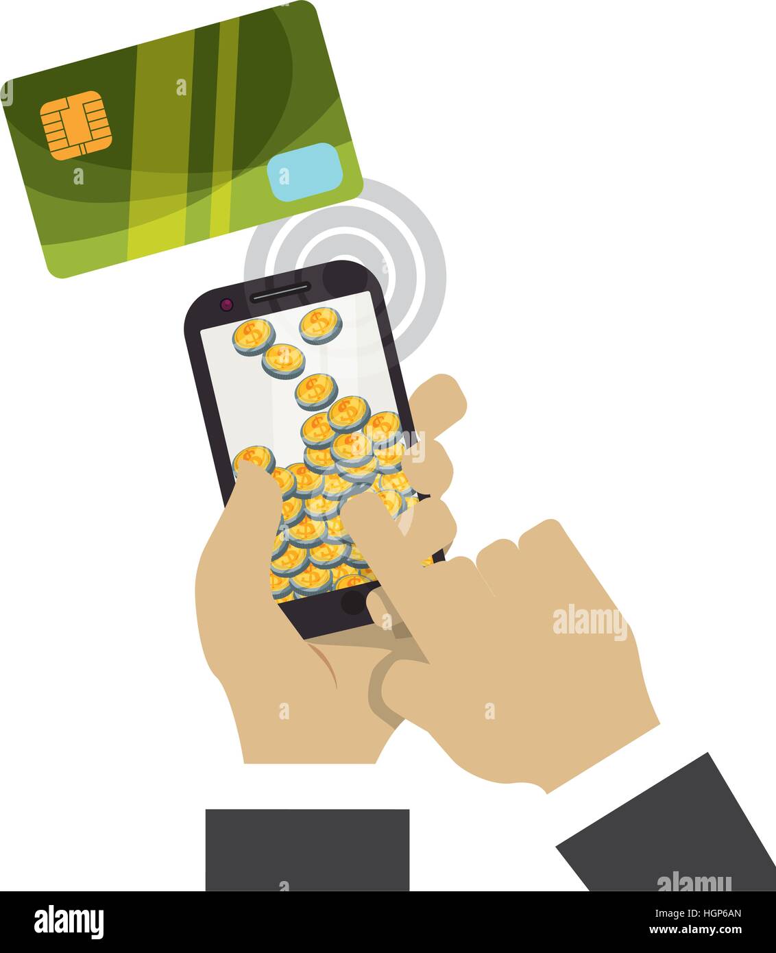 hands holding a smartphone device with credit card over white background. mobile payment concept ...