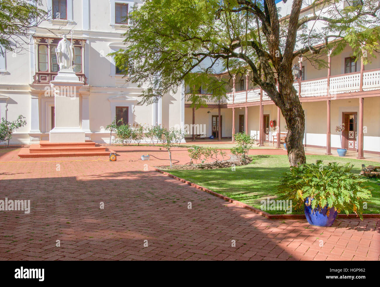 Outdoor courtyard with statue at the Benedictine Monastery in the ...