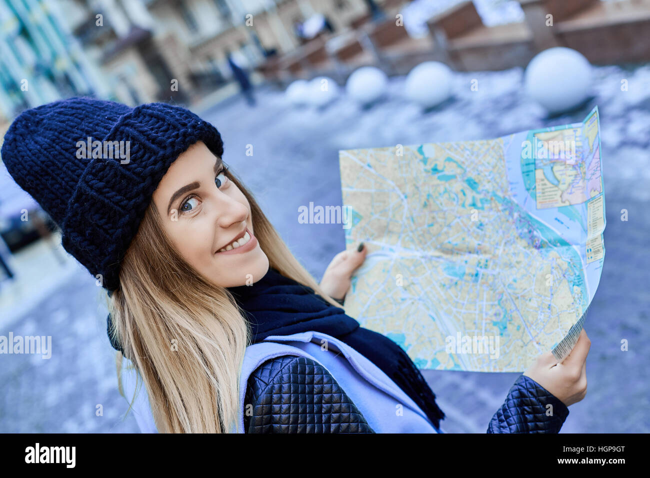 Beautiful girl looking at the map right way in a foreign city Stock ...