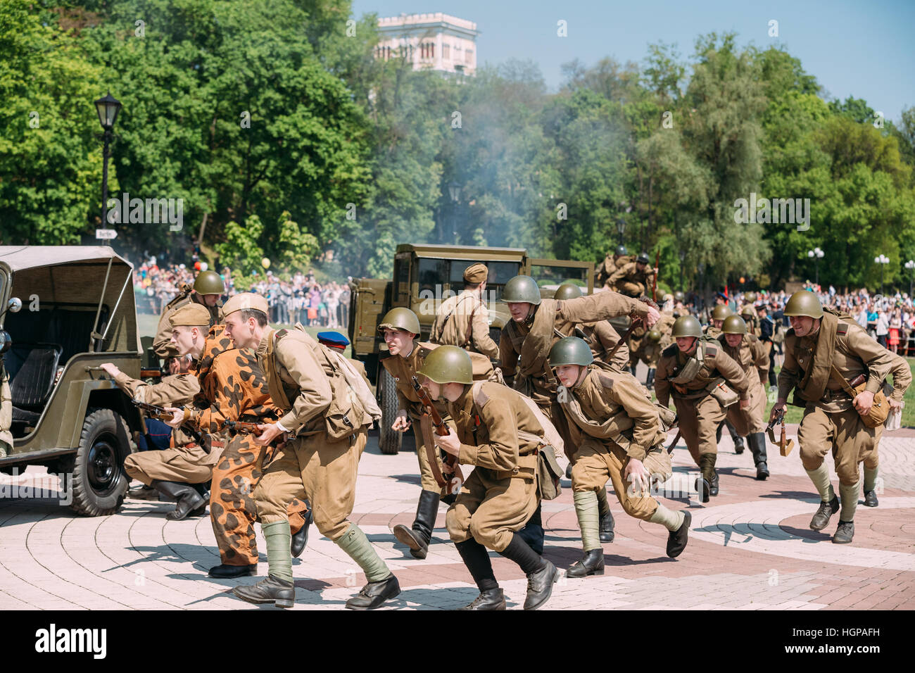 Gomel, Belarus - May 9, 2016: The Group Of Reenactors In Russian Soviet ...
