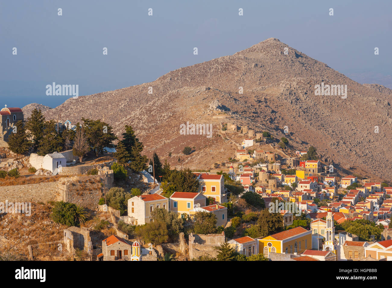 Looking down to Horio and the Kastro in Symi on the Greel Island of ...