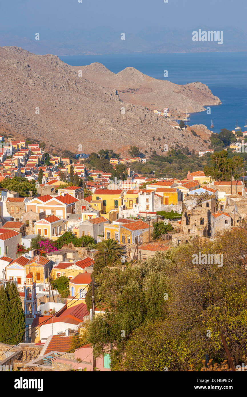 Looking down over Horio to Pedi to the Greek Island of Symi Stock Photo ...