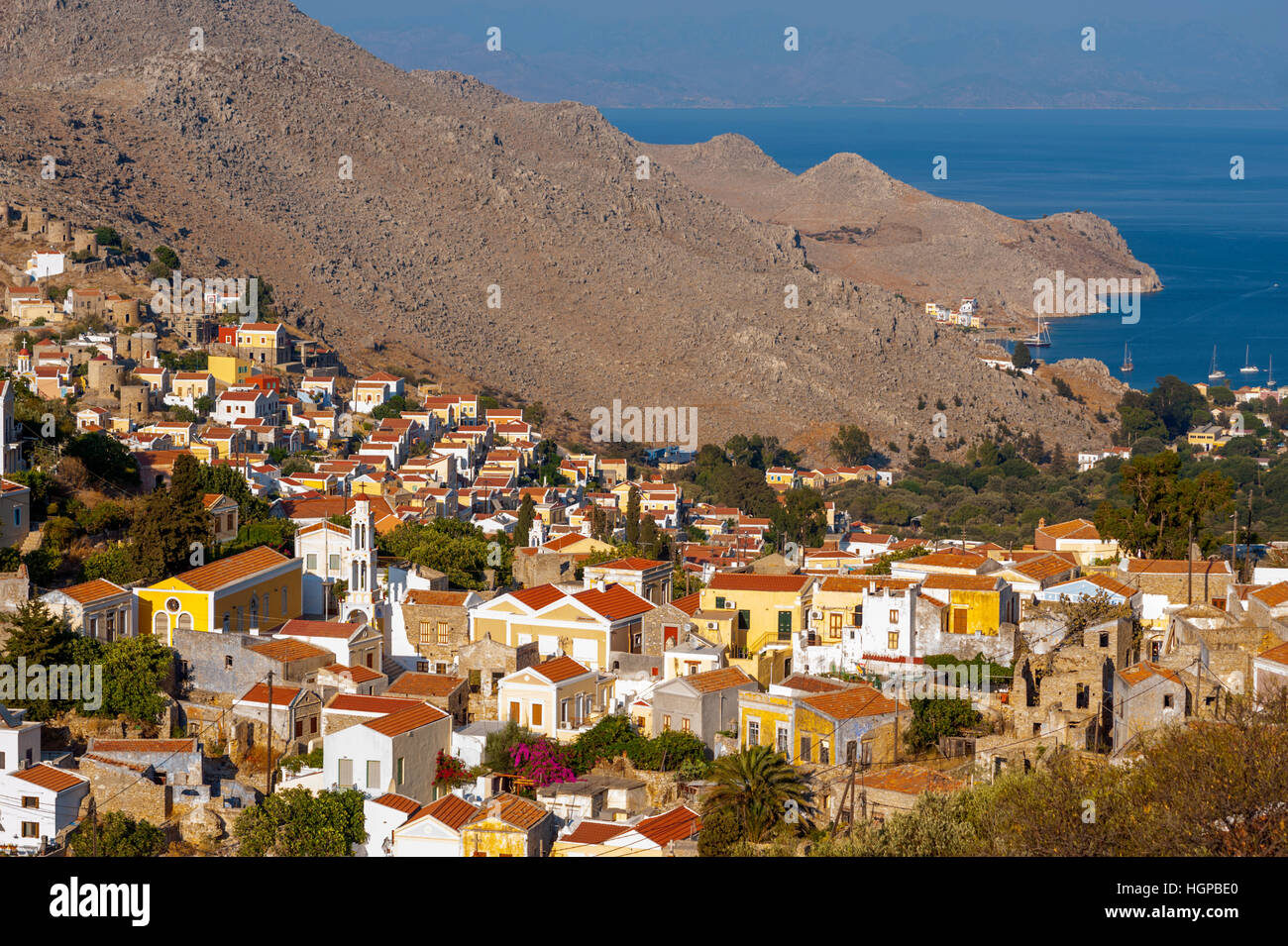 Looking down over Horio to Pedi to the Greek Island of Symi Stock Photo ...