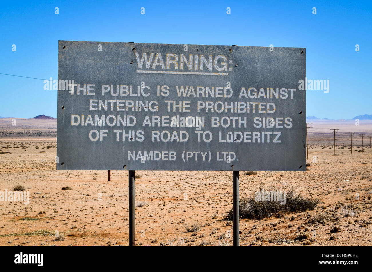 Sign warning the Sperrgebiet (Diamond area), Namib desert, Namibia ...