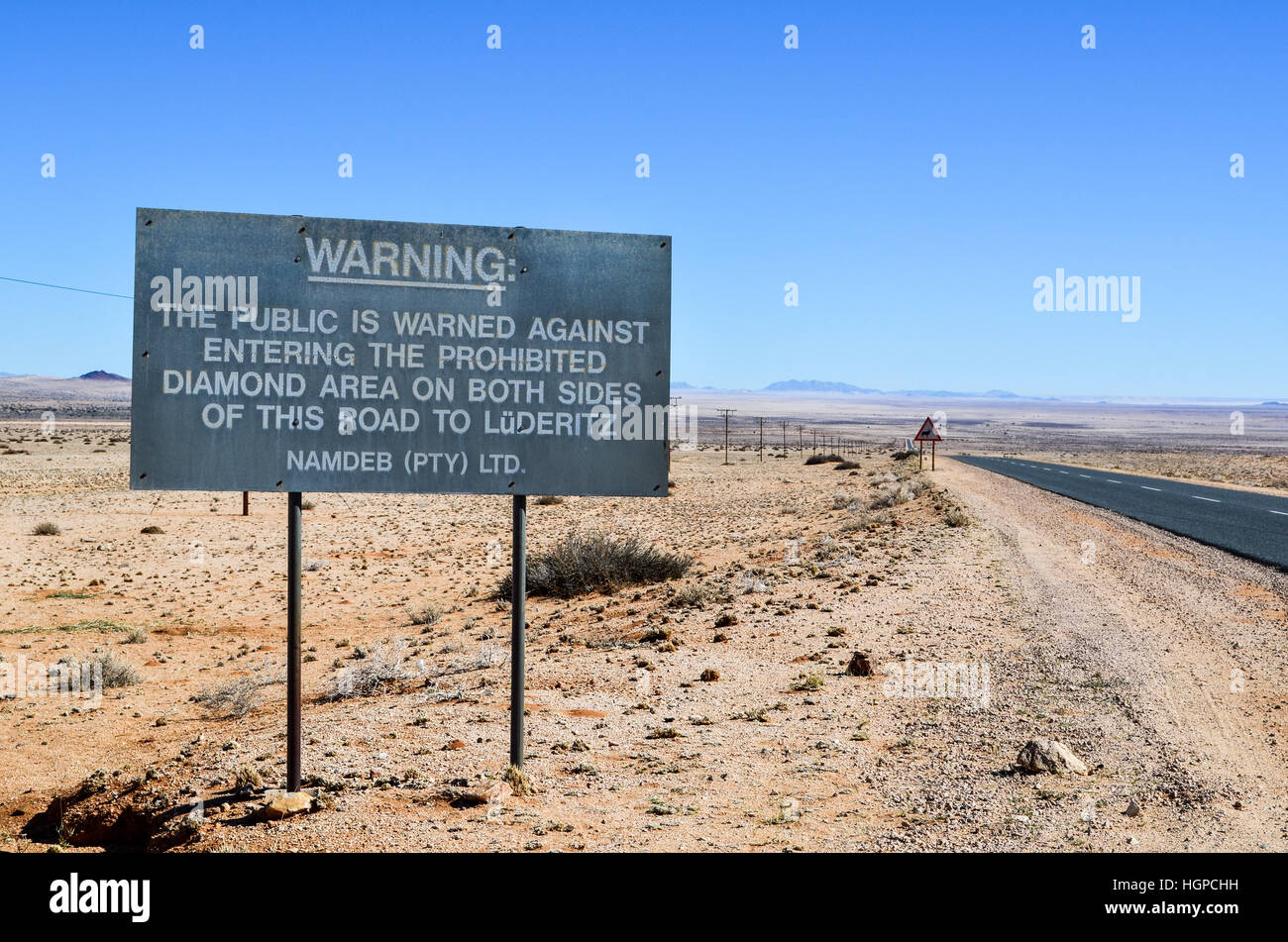 Sign warning the Sperrgebiet (Diamond area), Namib desert, Namibia ...