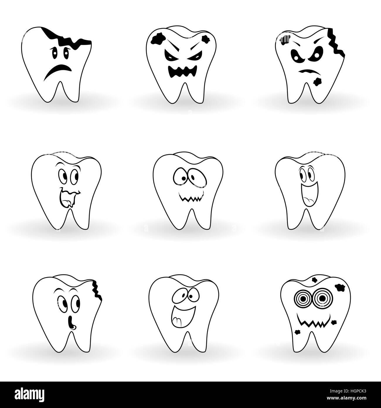 Set of nine characters of funny cartoon teeth with various face, vector ...
