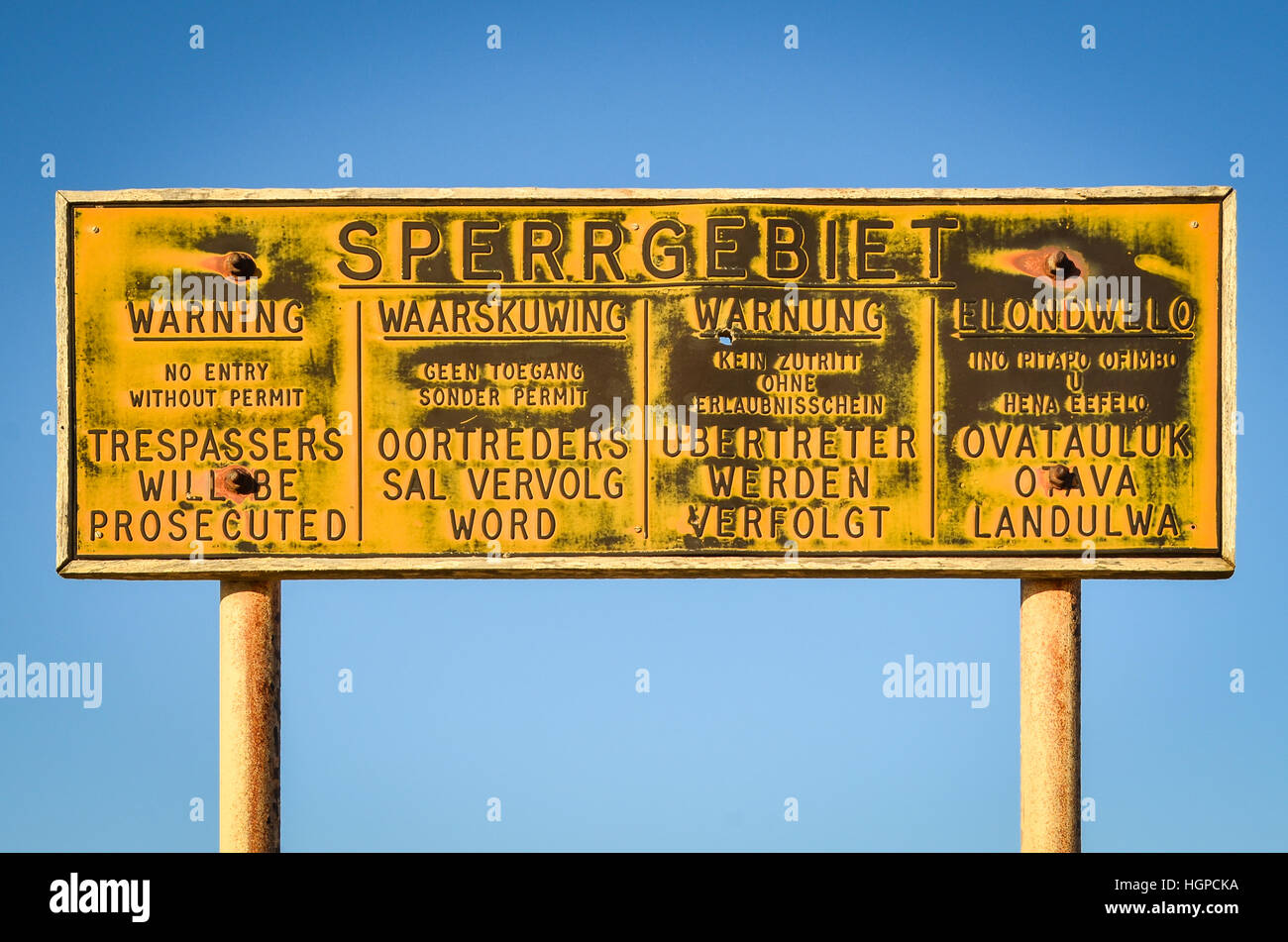 Sign warning the Sperrgebiet (Diamond area), Namib desert, Namibia ...