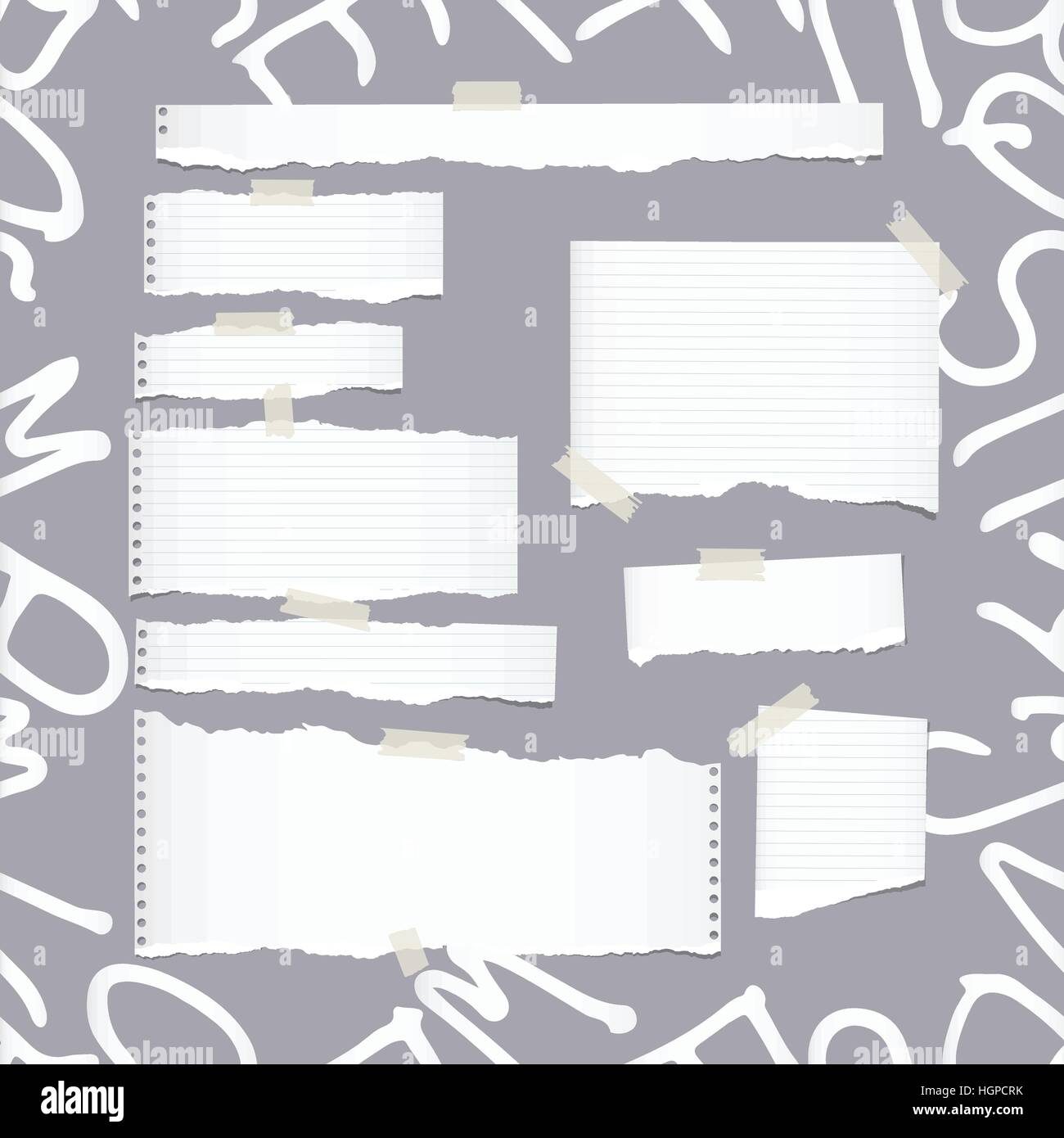Ripped white ruled note, notebook, copybook paper sheets, strips on ...