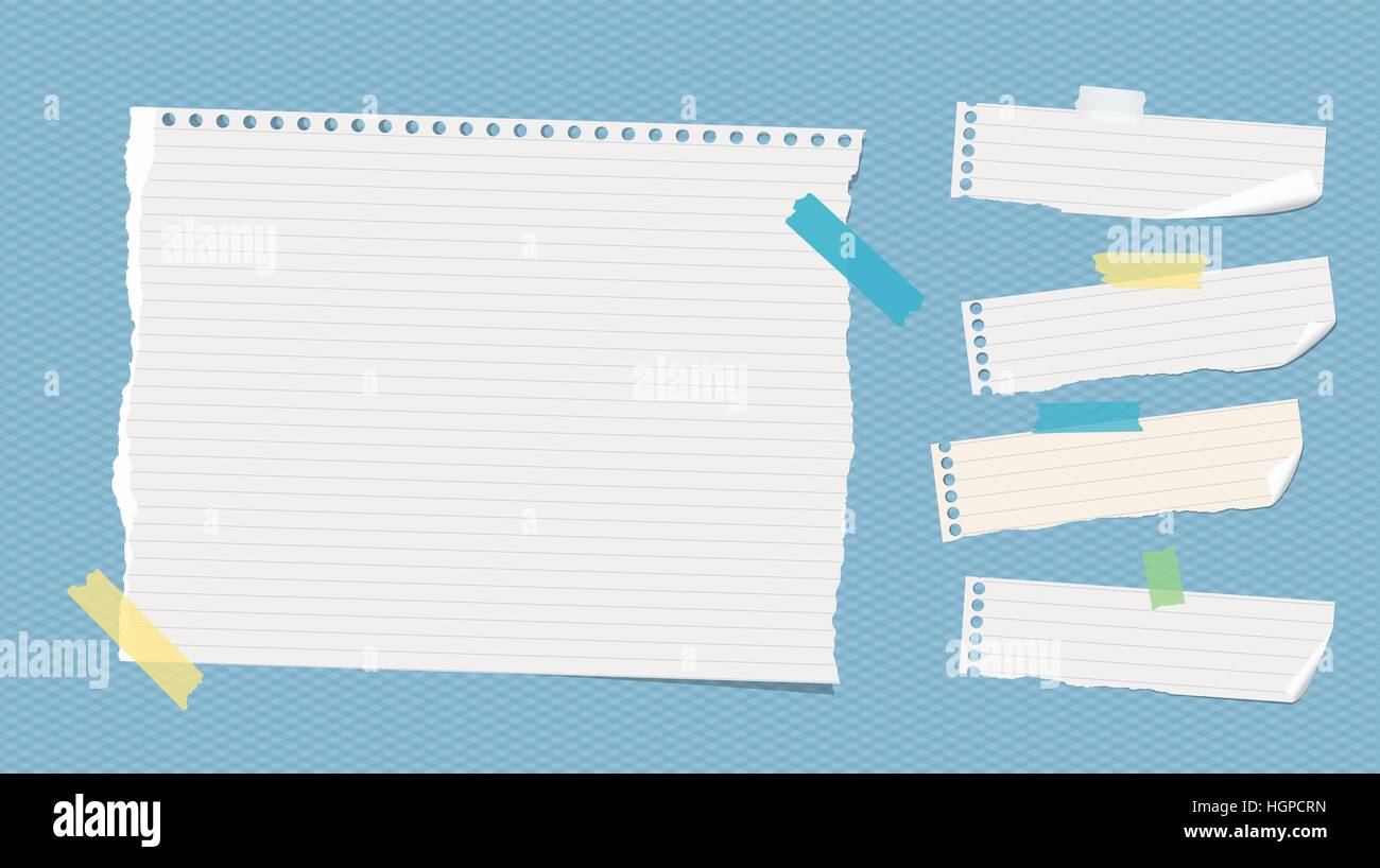 Ripped white ruled note, notebook, copybook paper sheets stuck with ...
