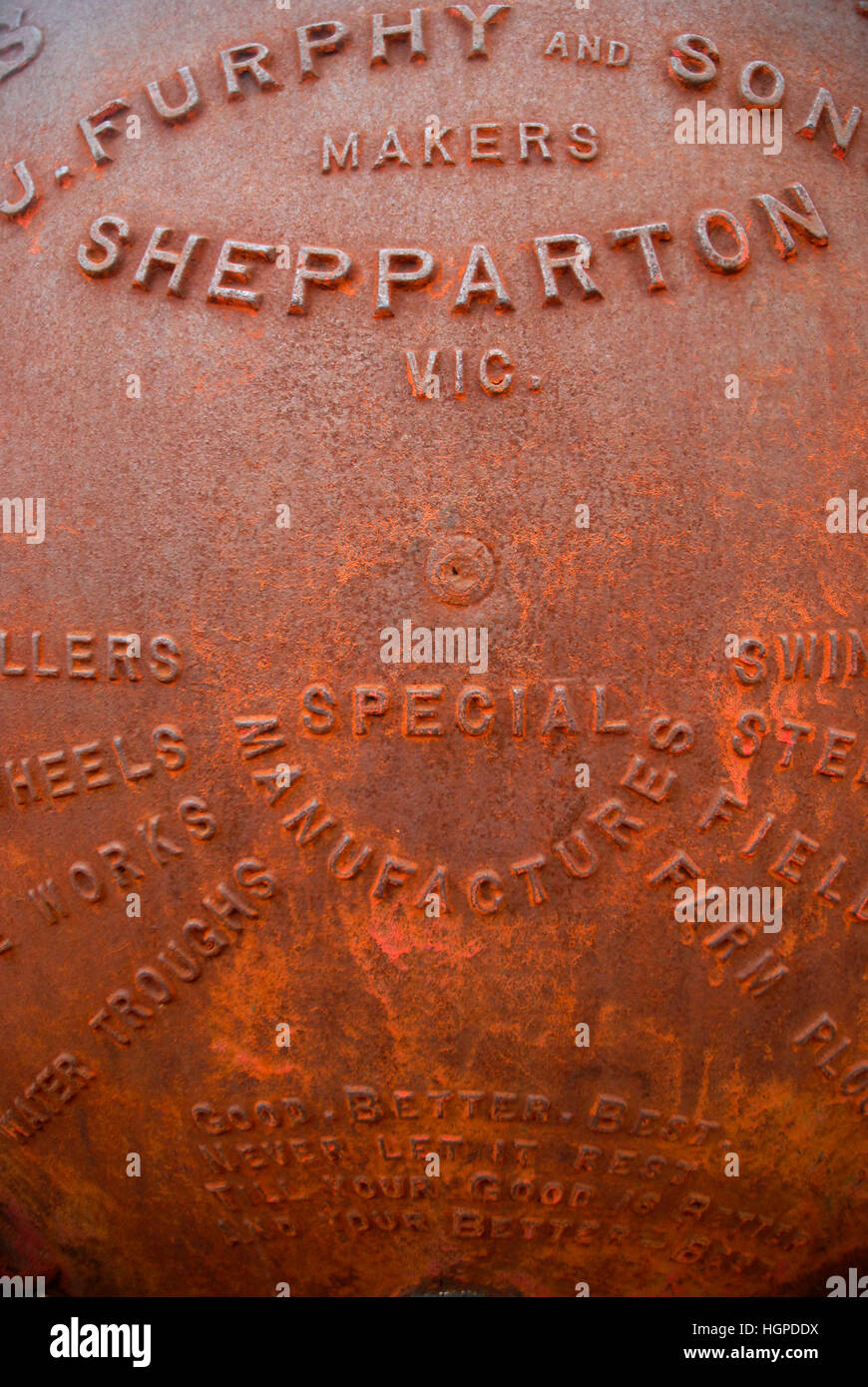 Rusty Shepparton sign on back of old machine, Tyrone, Queensland ...