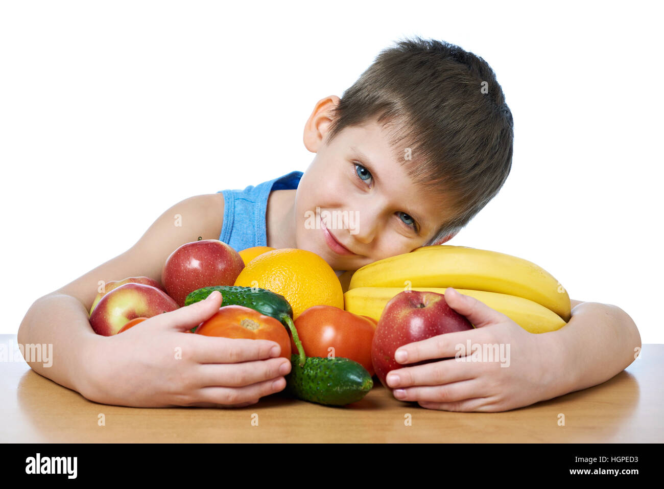 Happy healthy boy with fruits and vegetables isolated white Stock Photo ...