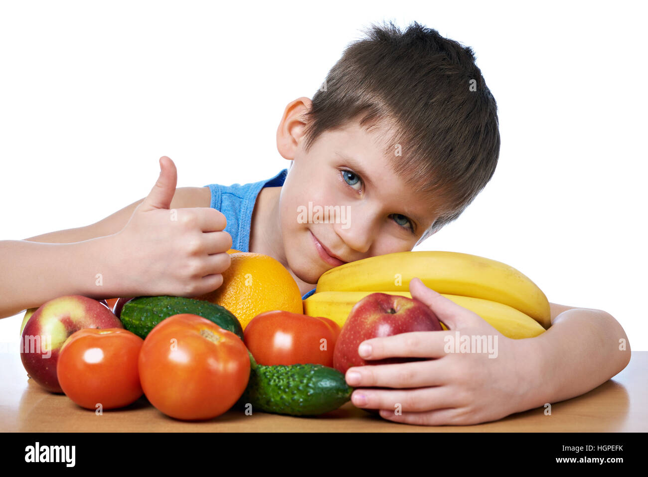 Happy healthy boy with fruits and vegetables isolated white Stock Photo ...