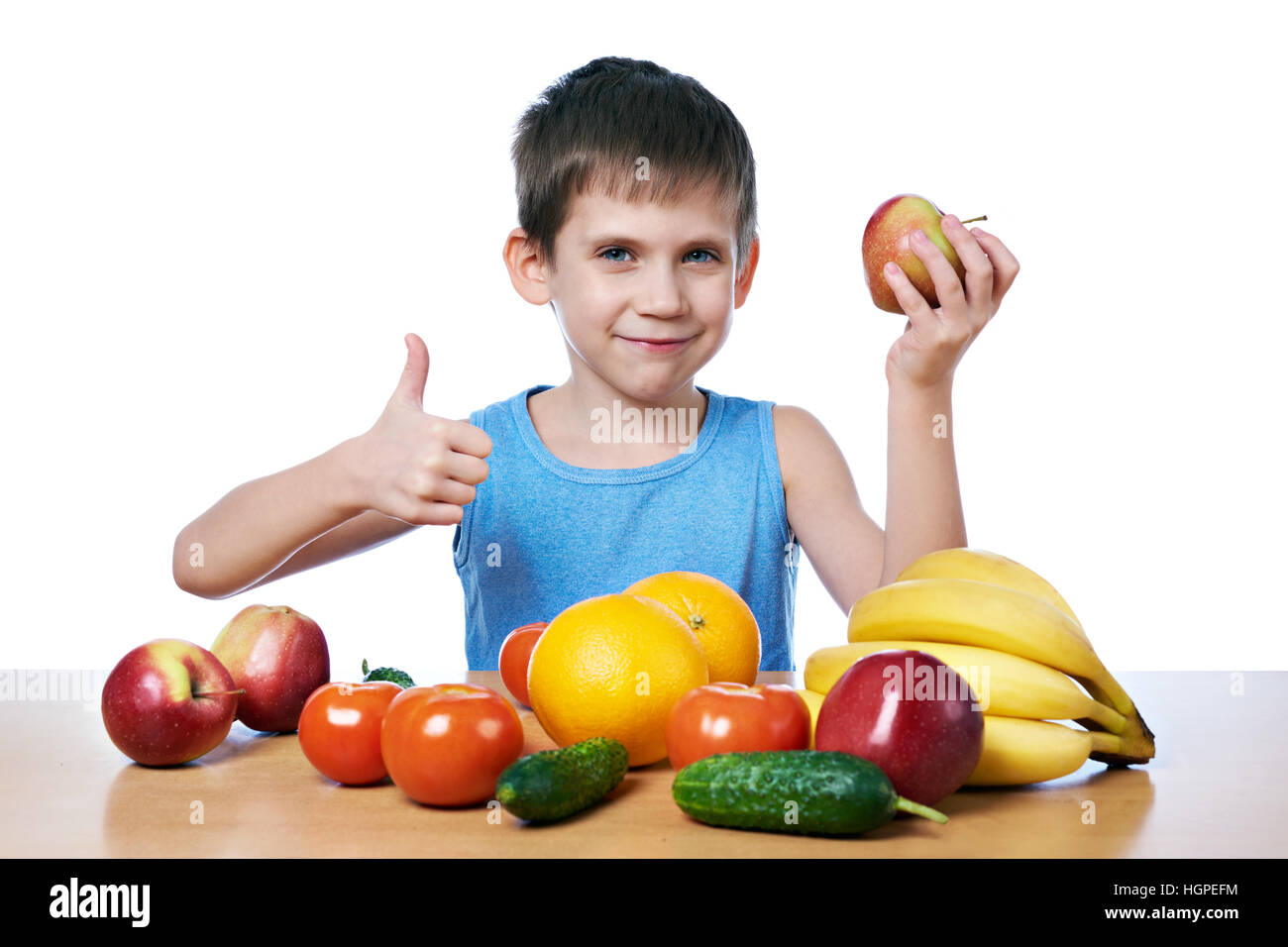 Happy healthy boy with fruits and vegetables isolated white Stock Photo ...
