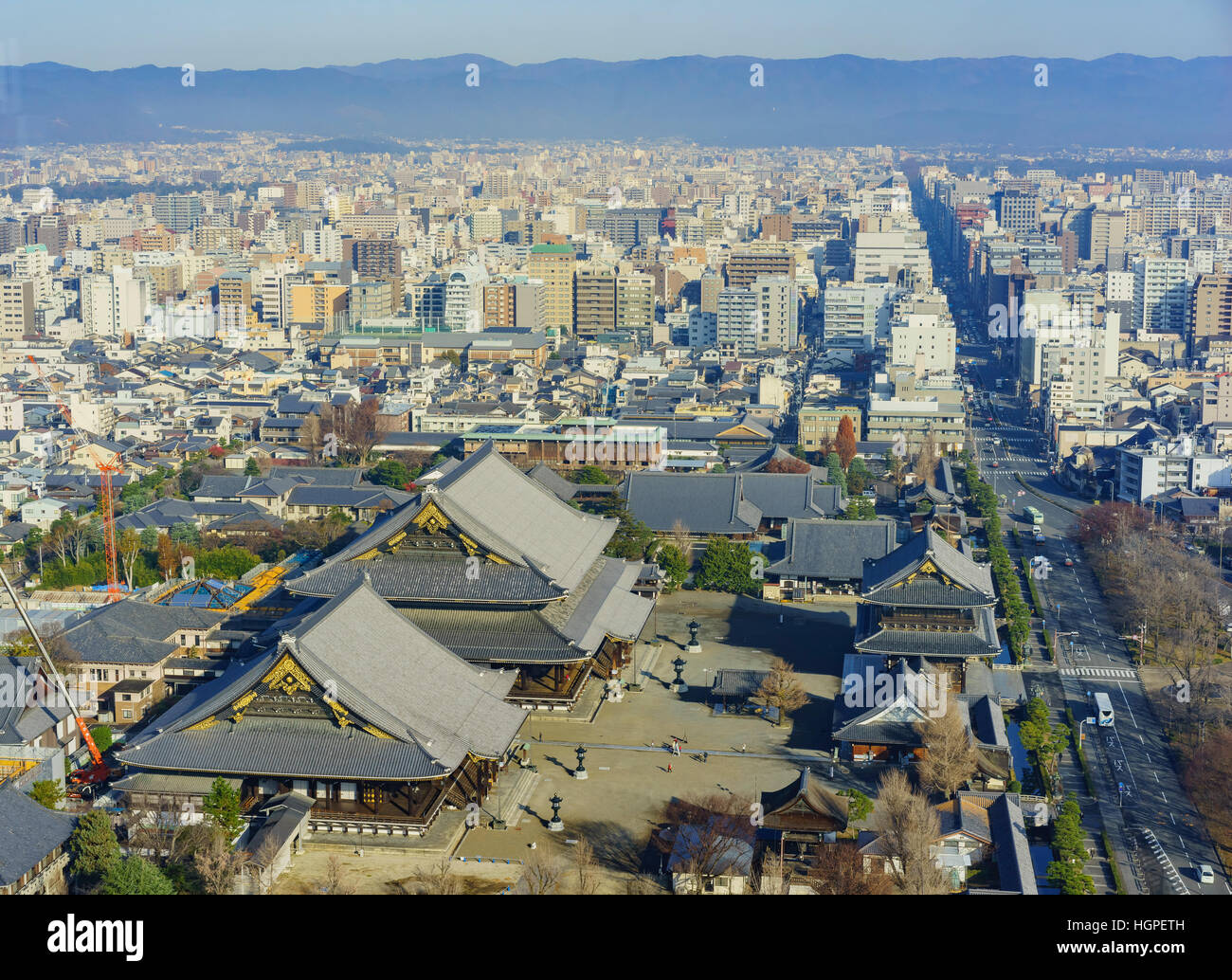 Aerial view of Higashi Honganji and Kyoto downtown cityscape on Kyoto ...