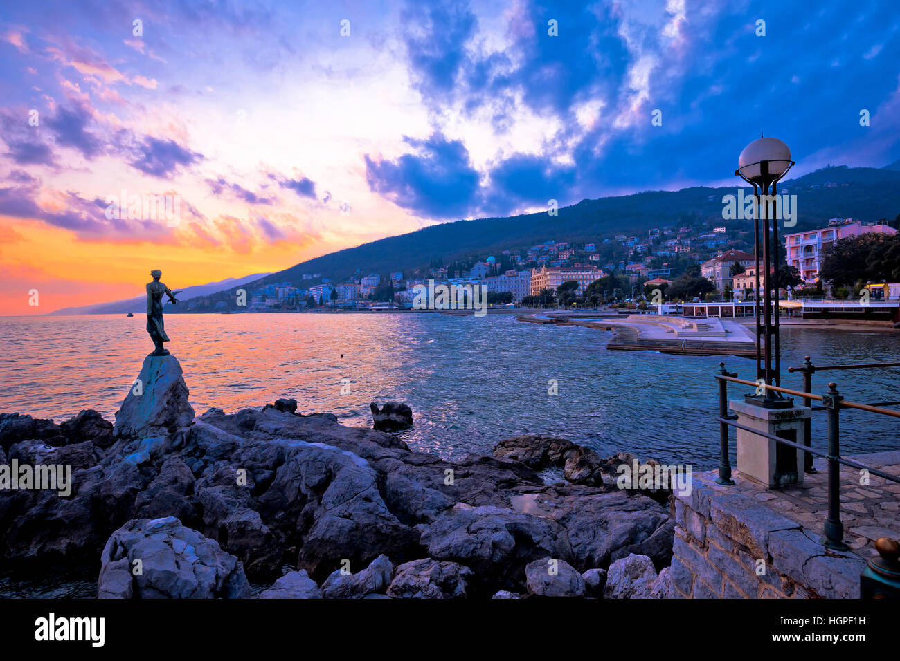 Town of Opatija waterfront sunset, Kvarner bay in Croatia Stock Photo ...