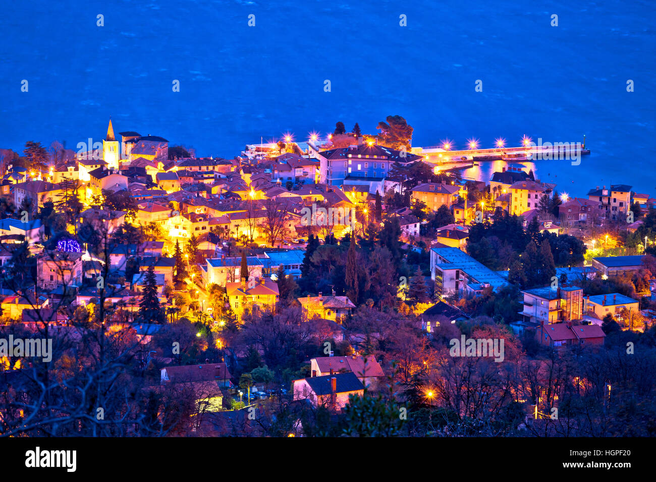 Town of Lovran seafront aerial evening view, Opatija riviera of Croatia ...