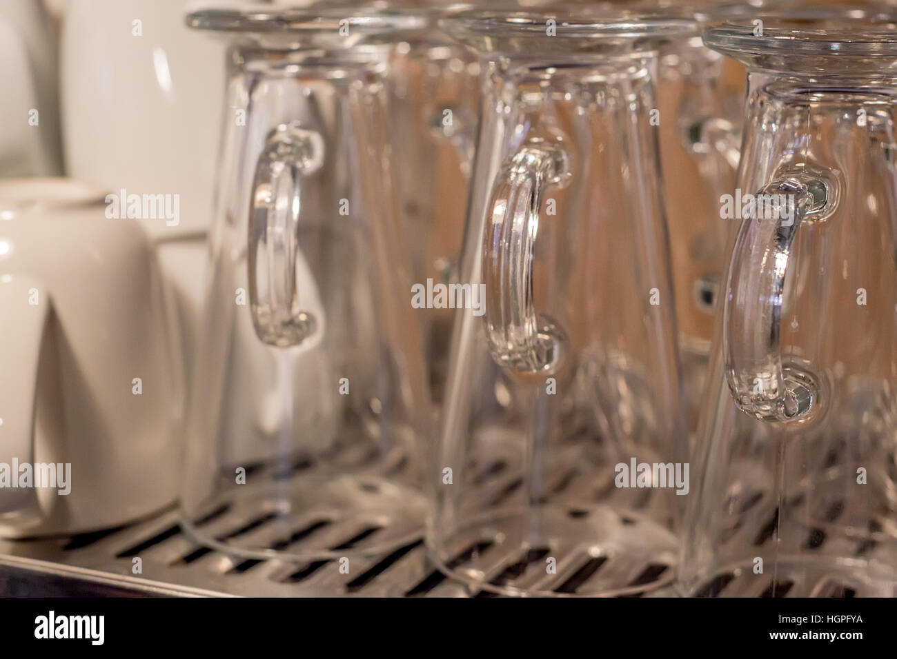 Luxury tea and coffee glass cups standing upside down in the cafe Stock ...