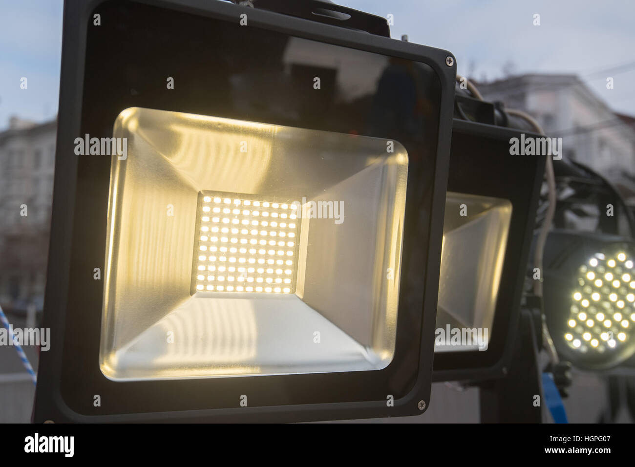 Close up of stage white color light source switched on Stock Photo - Alamy
