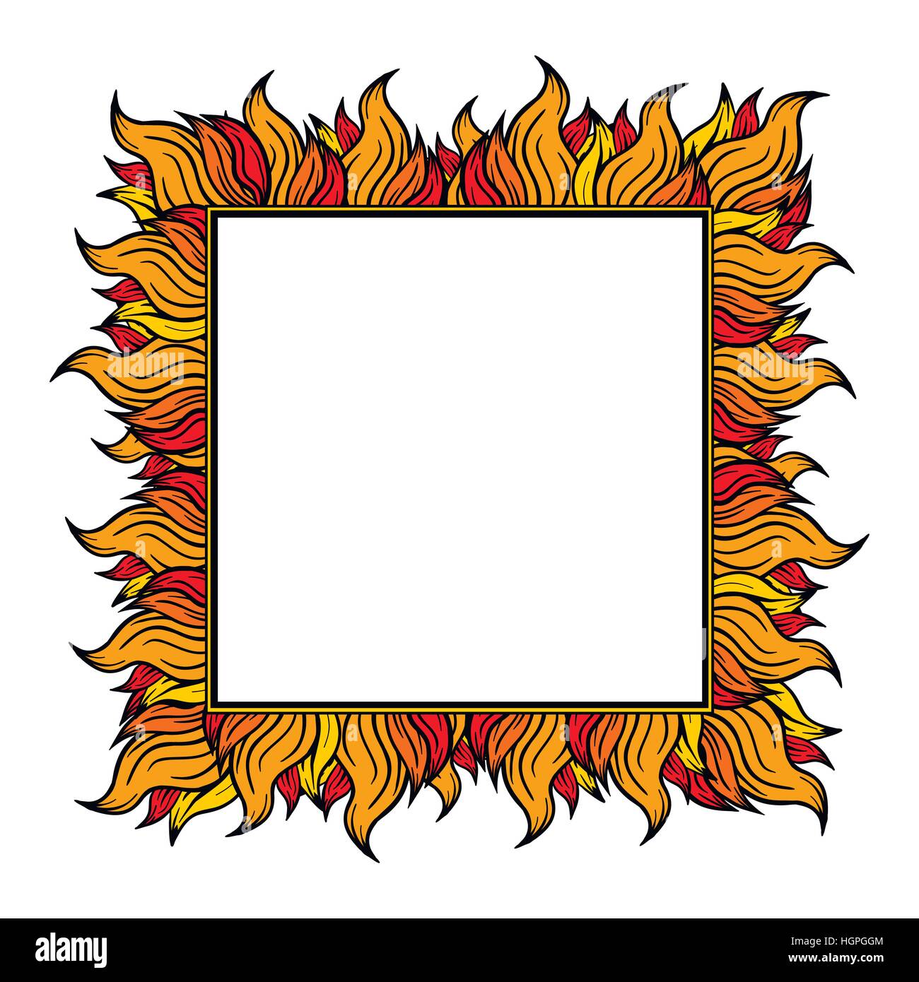 Colorful squared frame with spurts of flame. Vector illustration. Rock ...