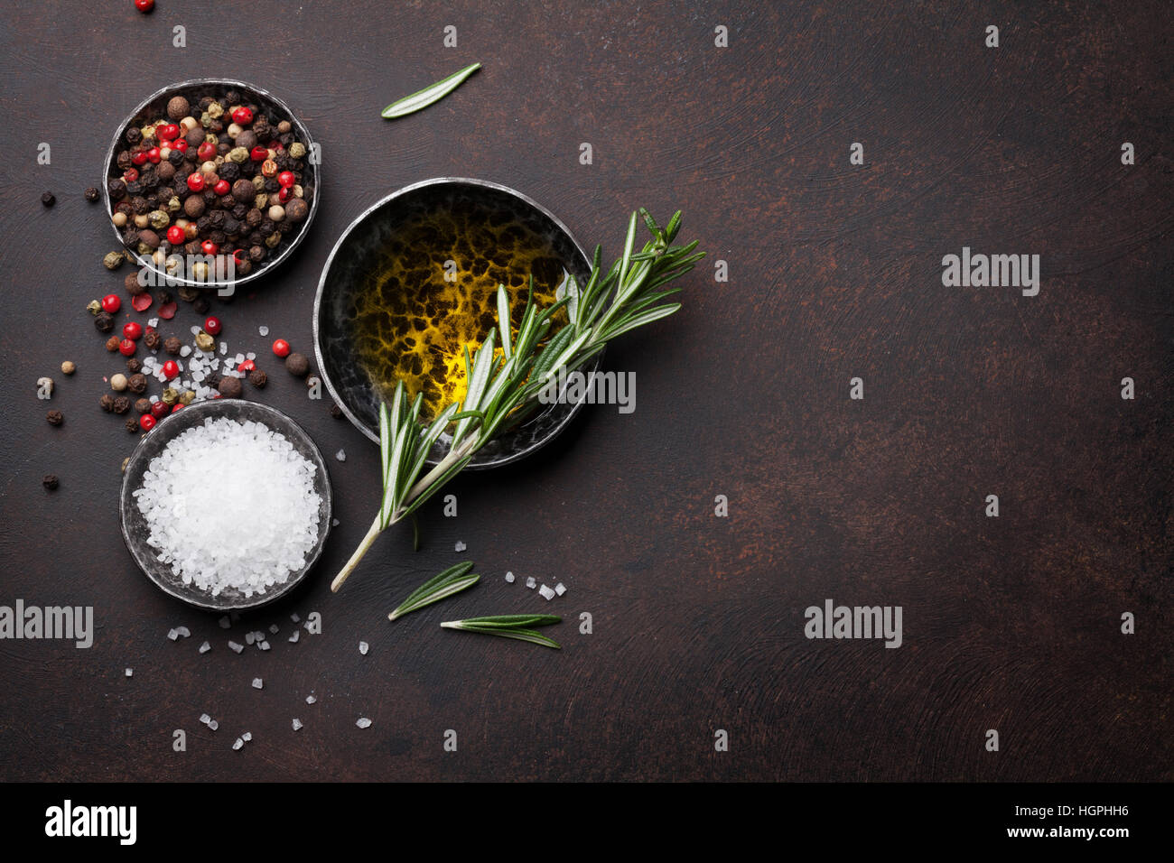 Cooking table with herbs and spices. Top view with copy space for your ...
