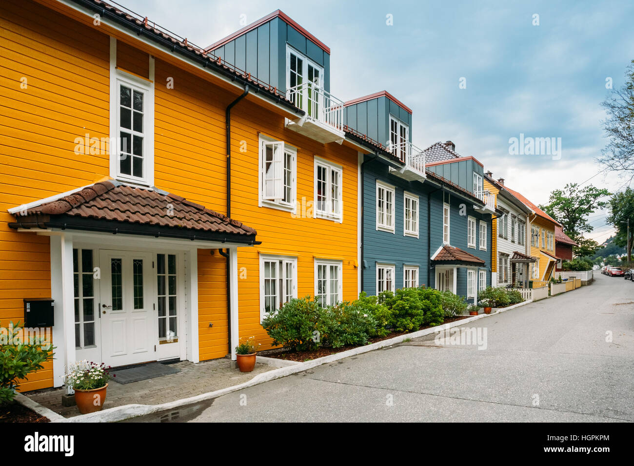 Bergen, Norway. The Colorful Facades Of Houses On Deserted Street At ...
