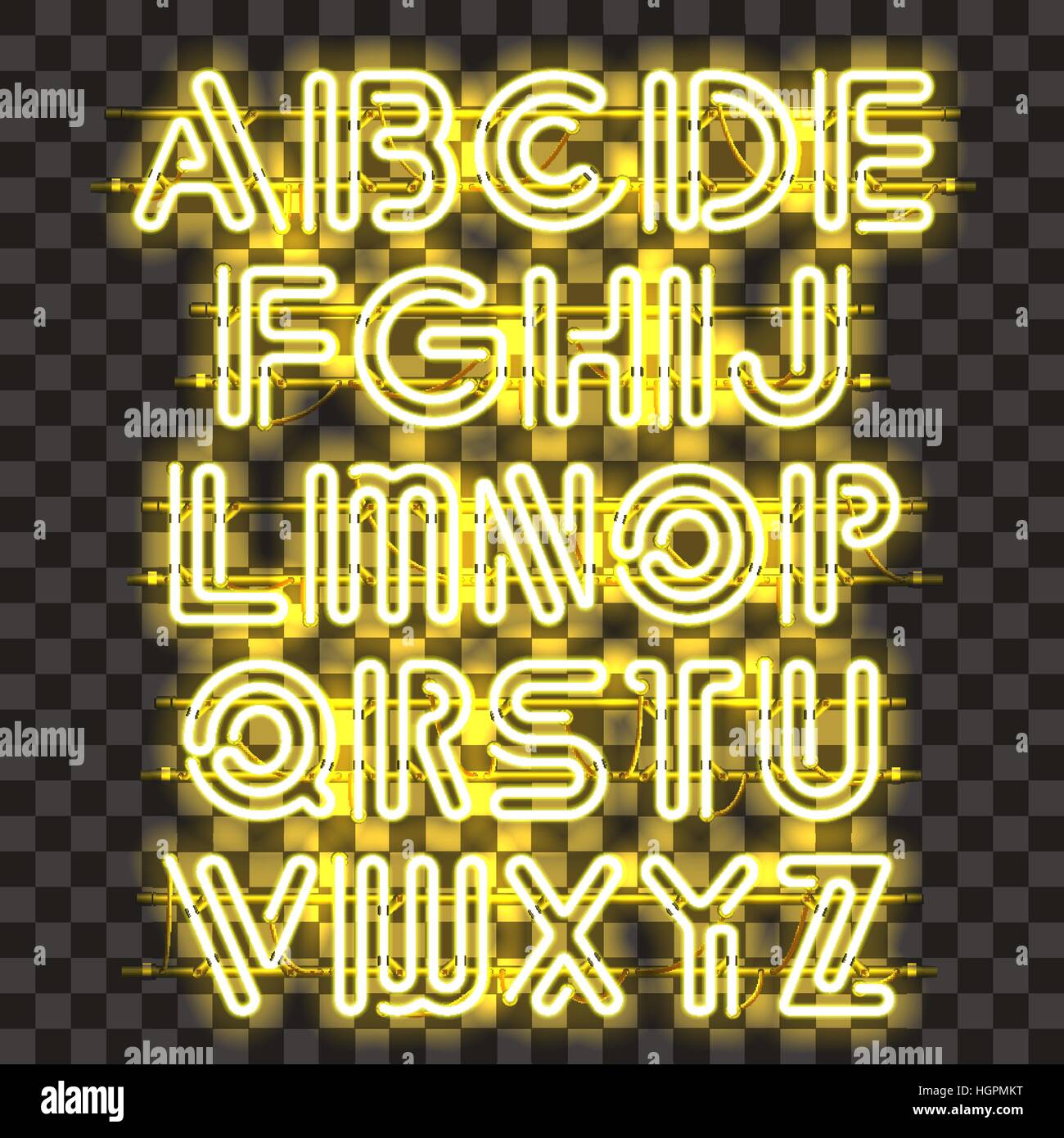 Glowing Yellow Neon Alphabet with letters from A to Z. Shining and ...
