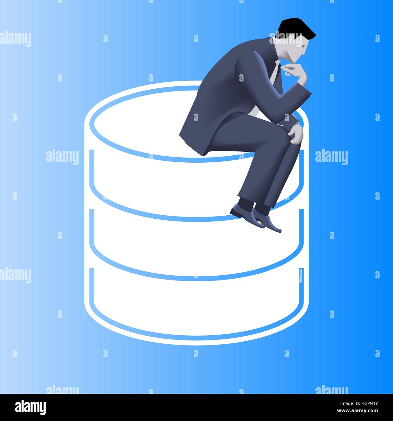 Big data business concept. Pensive businessman in business suit sits on ...