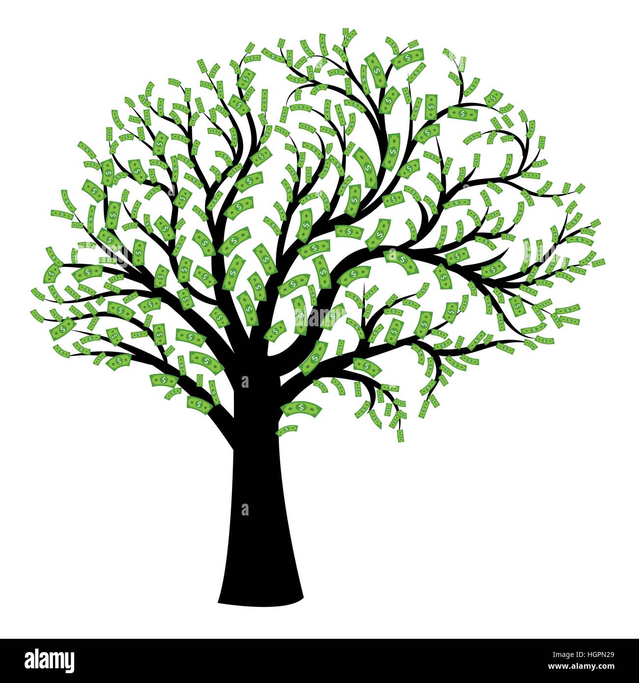 Money tree in shape of human brain. Big tree with dollar bills in form ...