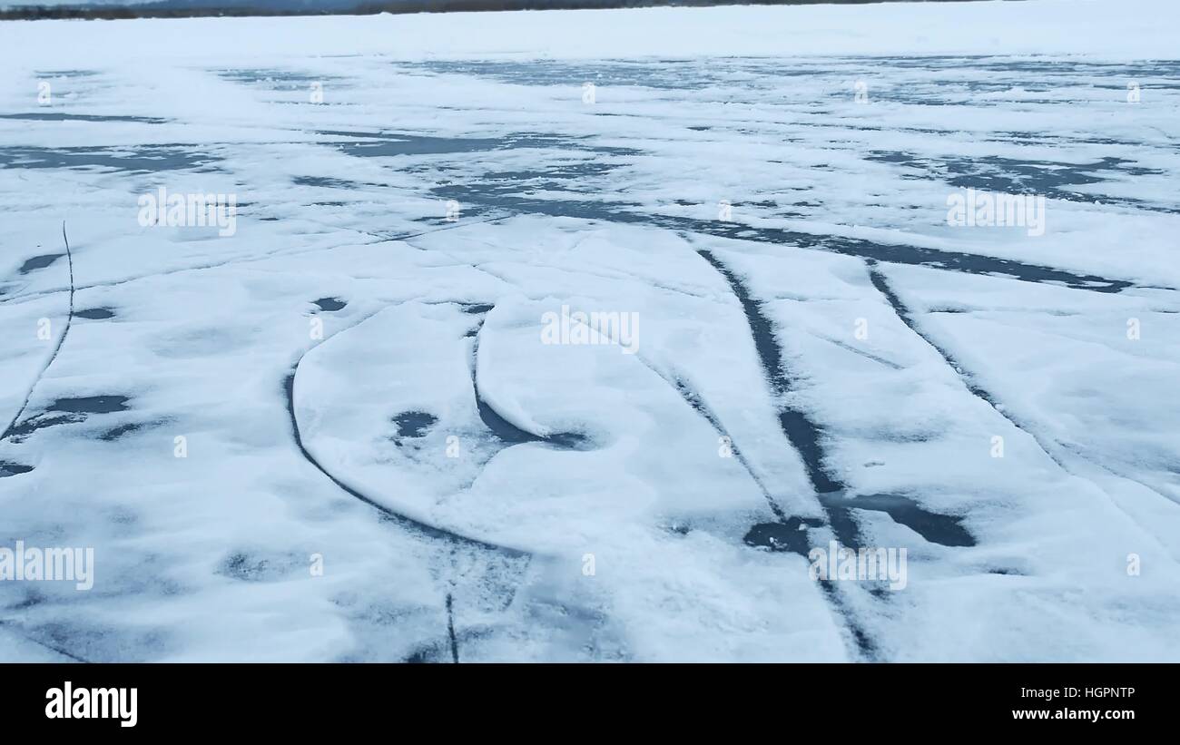 blue ice on the river water frozen winter landscape Stock Photo - Alamy