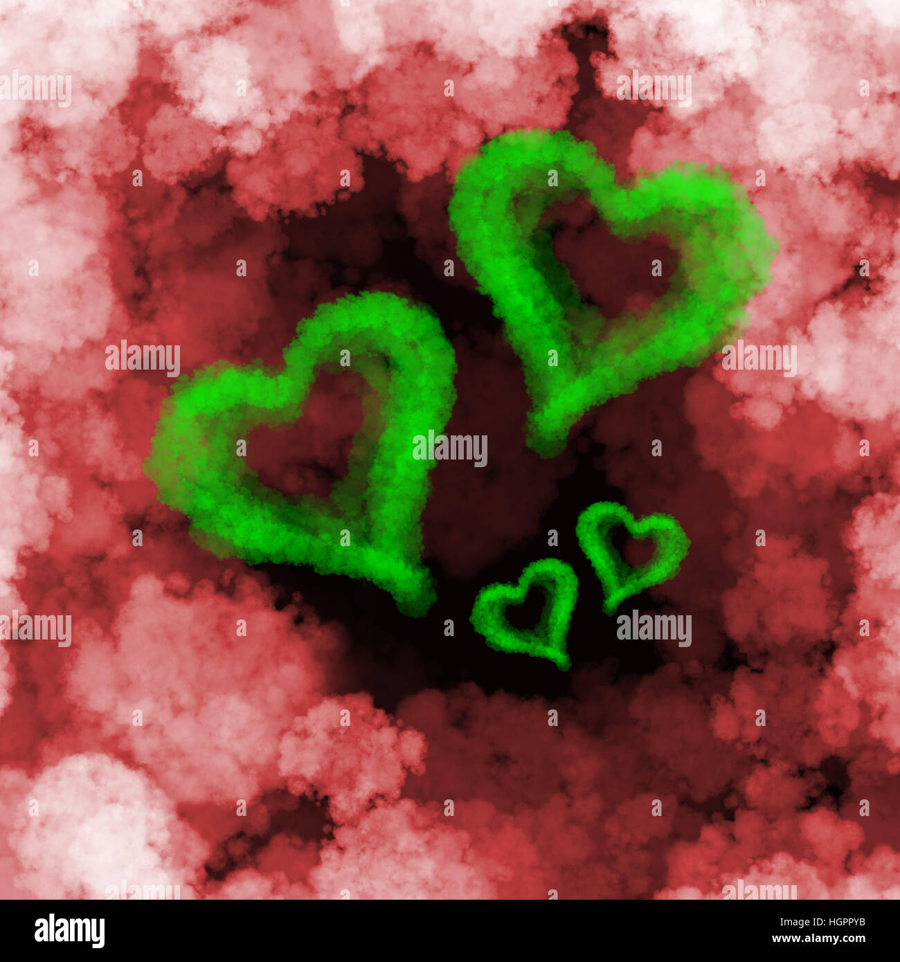 four green flying hearts made of smoke over cloud background Stock ...