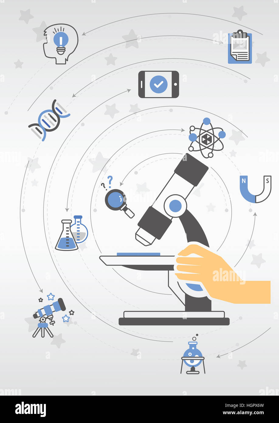 Hand holding a microscope with various line icons related to science ...
