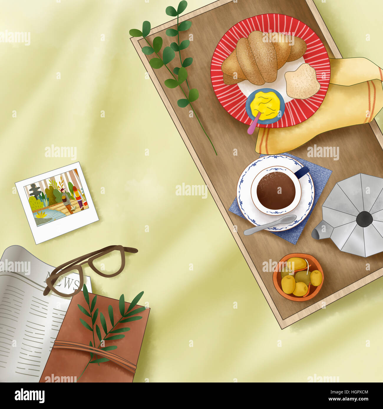 Various food and objects on a table Stock Photo - Alamy