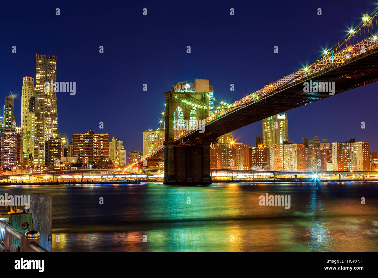 Brooklyn Bridge at dusk viewed from the Brooklyn Bridge Park in New ...