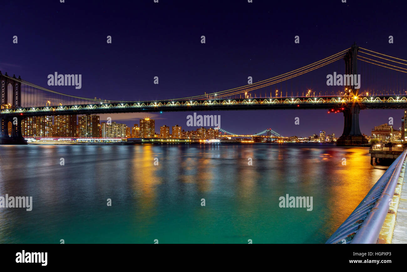 Panorama of Manhattan Bridge in New York City at night Brooklyn and Manhattan and Williamsburg ...