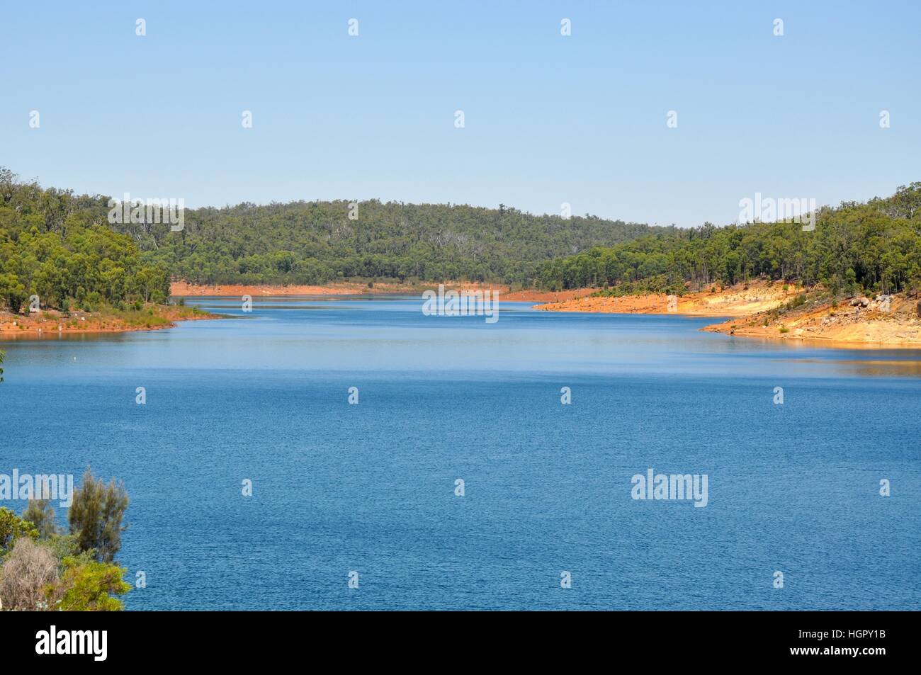 Elevated view over the Serpentine River bordered by lush, green forest ...