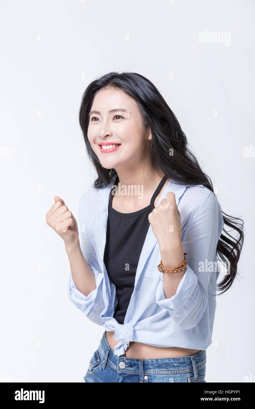 Woman cheering side view hi-res stock photography and images - Alamy
