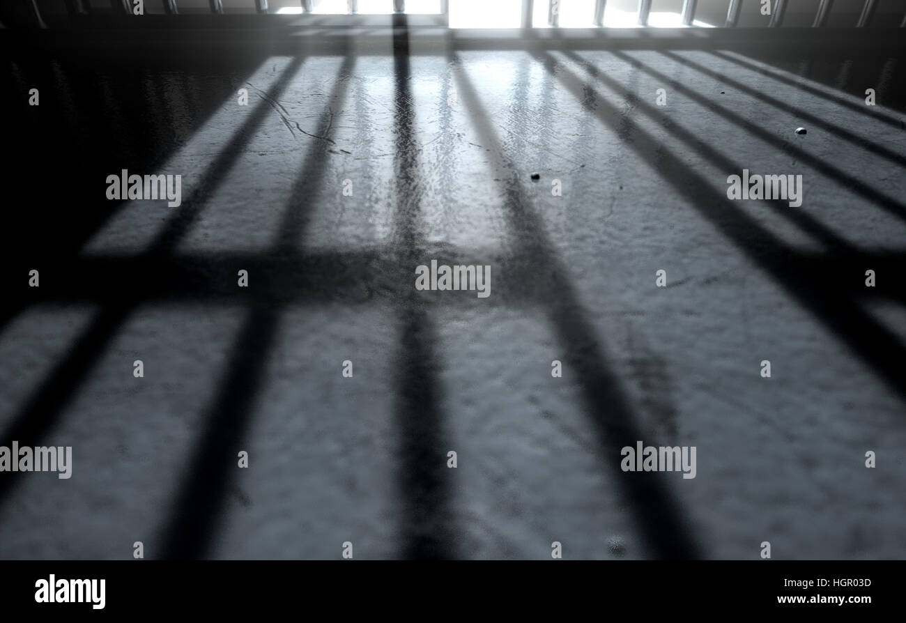 A 3D render of a closeup of view of a jail cells iron bars with an open door casting shadows on ...